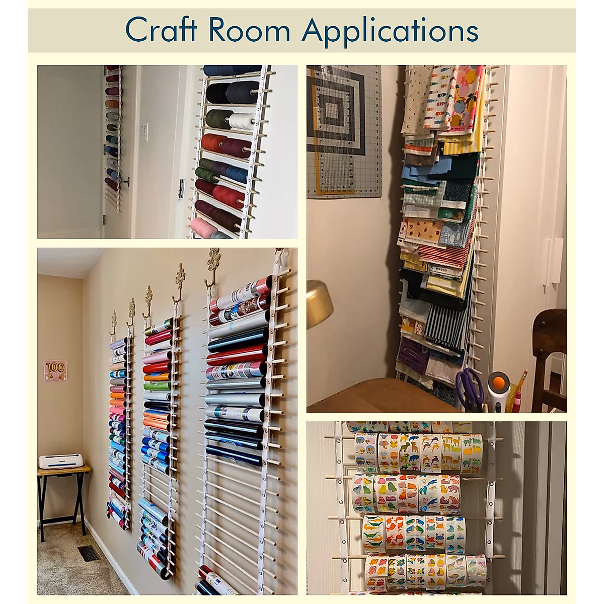 Vinyl Roll Holder, 25 Rolls, ZENXUS Craft Roll Storage and Organizer, Cotton Straps and Wood Dowels, with Door Hanging Hooks