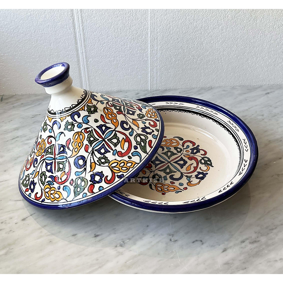 ARTKISH Hand Painted Moroccan Ceramic Tagine Cooking Pot Cookware for Cook and Serving - Pottery Tajin Dishware Perfect Housewarming Gift. (35cm = 14 inch)