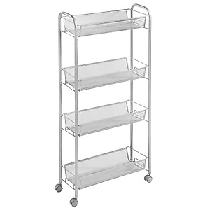 mDesign Slim Steel Metal Rolling Utility Cart Storage Organizer Trolley with 4 Basket Shelves for Laundry Room, Kitchen, Bathroom Organization - Narrow Holder for Detergent - Biro Collection, Silver