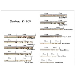 M35 Cobalt Round Straight Handle Metric Drill bit Set 1.5mm-6.5mm Drill Bits Suitable for Stainless Steel, Hard Metal, Cast Iron, Copper, Aluminum Plastic(13pices)