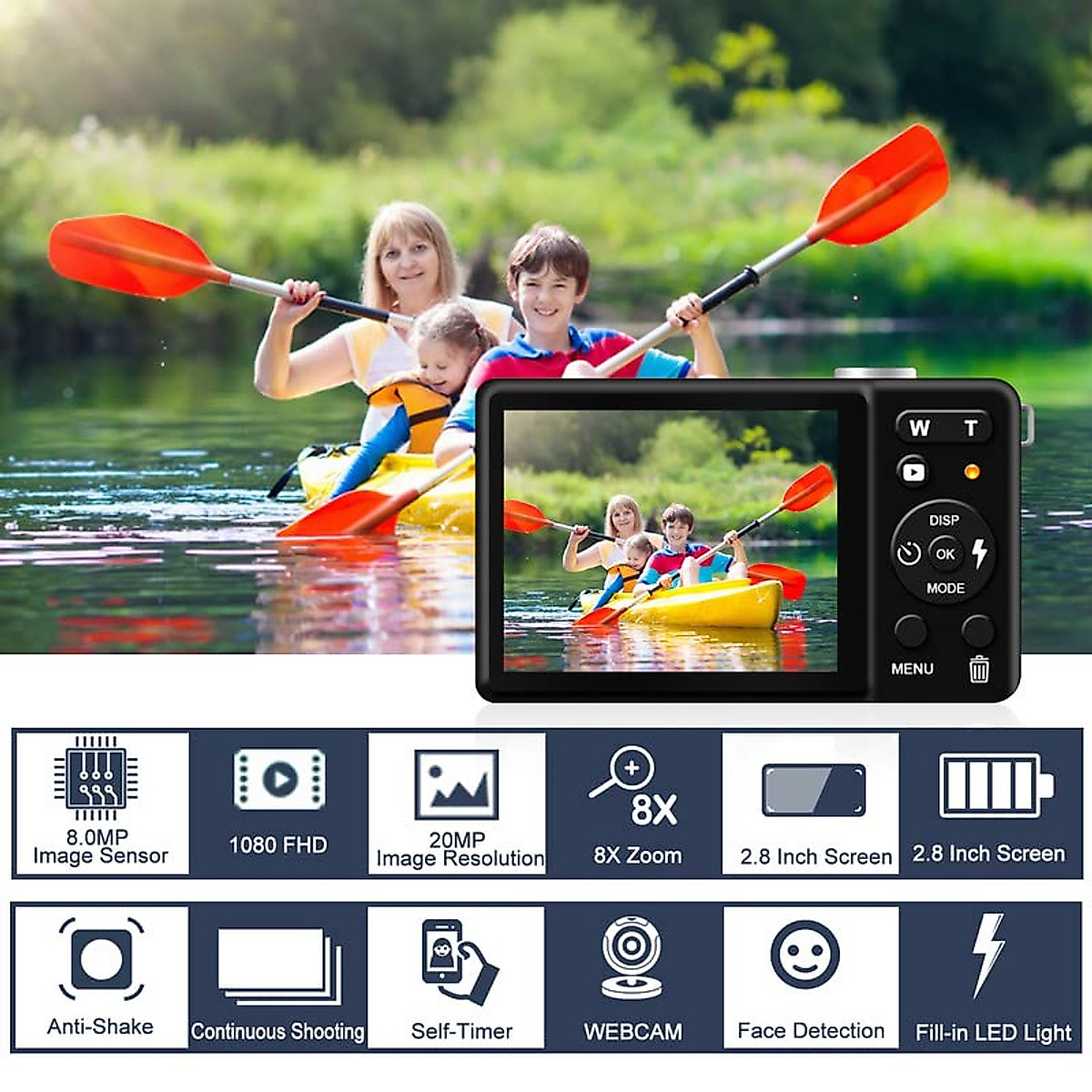 Digital Camera for Teens, 1080P FHD 20MP Mini Video Camera with 2.8 Inch Screen and 8X Digital Zoom, Rechargeable Compact Pocket Point and Shoot Camera for Girls and Boys, Teens, Beginners