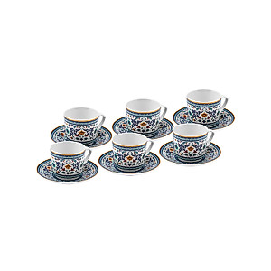KARACA Beylerbeyi Porcelain Turkish Coffee Cup Set of 6, 12 Piece, 80ml, 6 Porcelain Coffee cups, Espresso Cups with Saucers, Porcelain Design with Blue and White Patterns