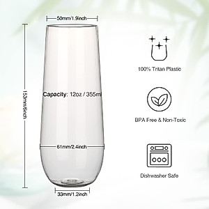 hotder 2Pack 100% Tritan Plastic Champagne Flutes,12 Oz Stemless Unbreakable Clear Plastic Toasting Glasses,Shatterproof Recyclable and BPA-Free