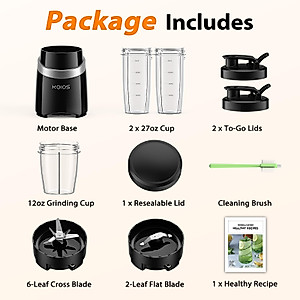 KOIOS Blender for Smoothies, 1000W Personal Blender and Grinder Combo for Kitchen with 2x27oz Portable Smoothie Cups with To-Go Lids 12oz Coffee Cup with Seal Cover Non-BPA for Baby Food, Ice Drinks
