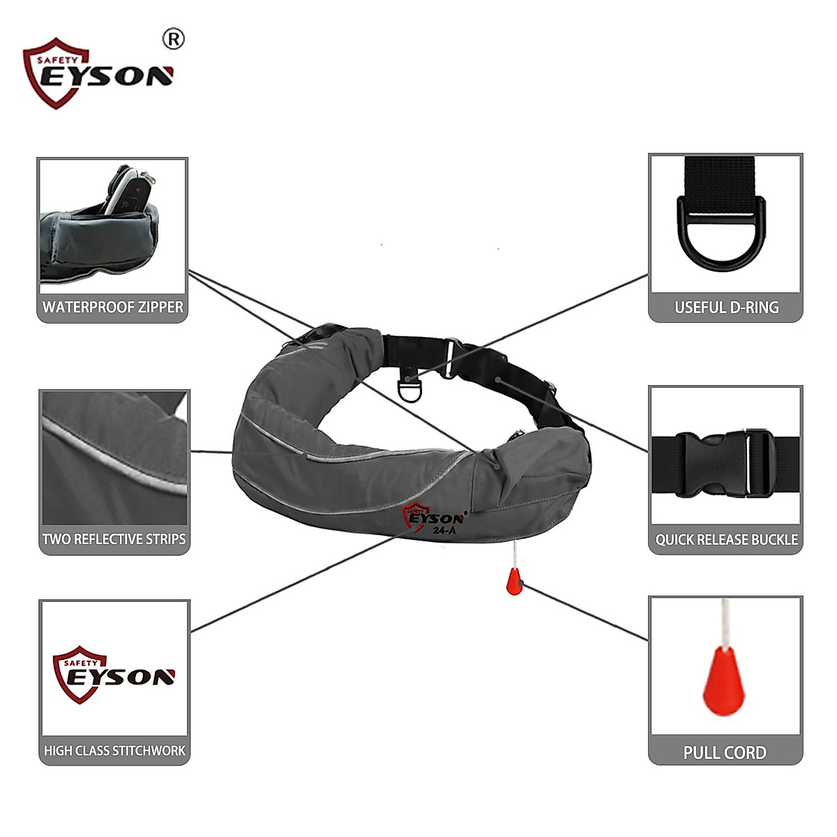 Eyson Inflatable Life Jacket Life Vest Waist Quadrate Air Bag Automatic (Grey)