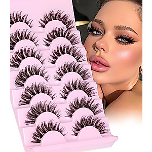 False Lashes Clear Band Eyelashes Natural Cat Eye Lashes Wispy Fake Eyelashes 16mm Fluffy Mink Lashes Pack 7 Pairs by Yawamica