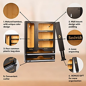 Tidy Hero - Ziplock Bag Organizer with Foil and Wrap Dispenser - 6 IN 1 Luxury Bamboo Plastic Bag Organizers with Cutter for Kitchen Drawers, Kitchen Organization Gadgets for Home, Gift, Black