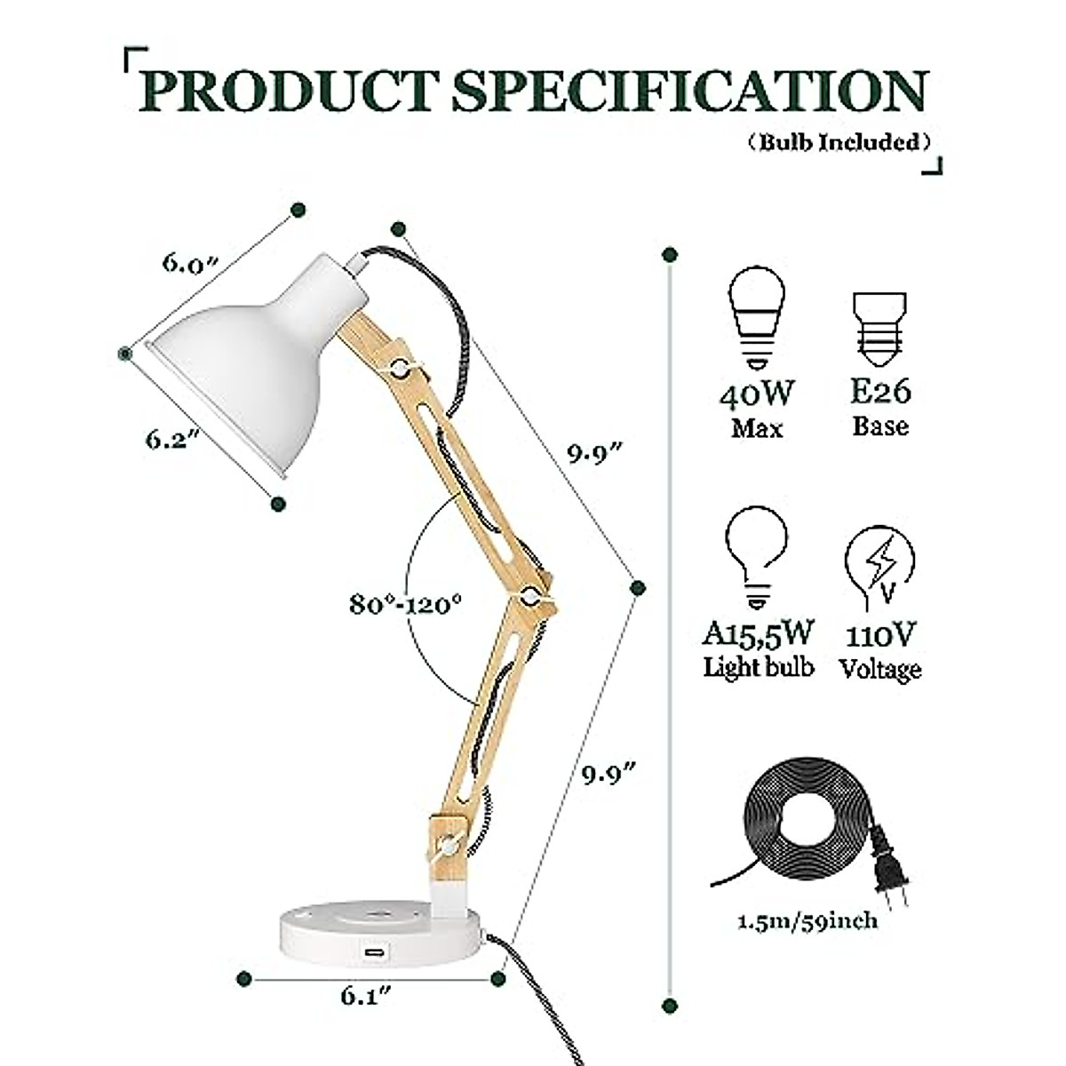 ELYONA White Desk Lamp with Wireless Charger, Solid Wood Table Lamp with USB C Charging Port, Swing Arm Reading Task Light with 5W LED Bulb for College Dorm, Office, Living Room, Bedroom, Farmhouse