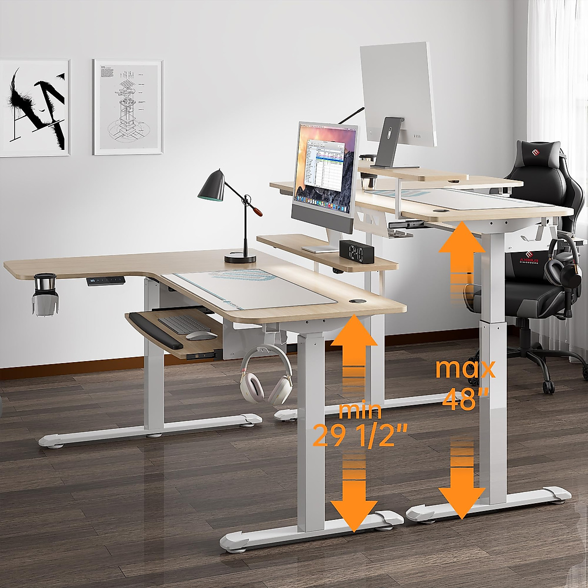 EUREKA ERGONOMIC Standing Desk Adjustable Height 61" Electric Sit Stand Computer Desk L Shaped with Keyboard Tray,Monitor Stand &LED, Dual Motor Memory Presets Sit to Desk Adjustable Desk, Left/Maple