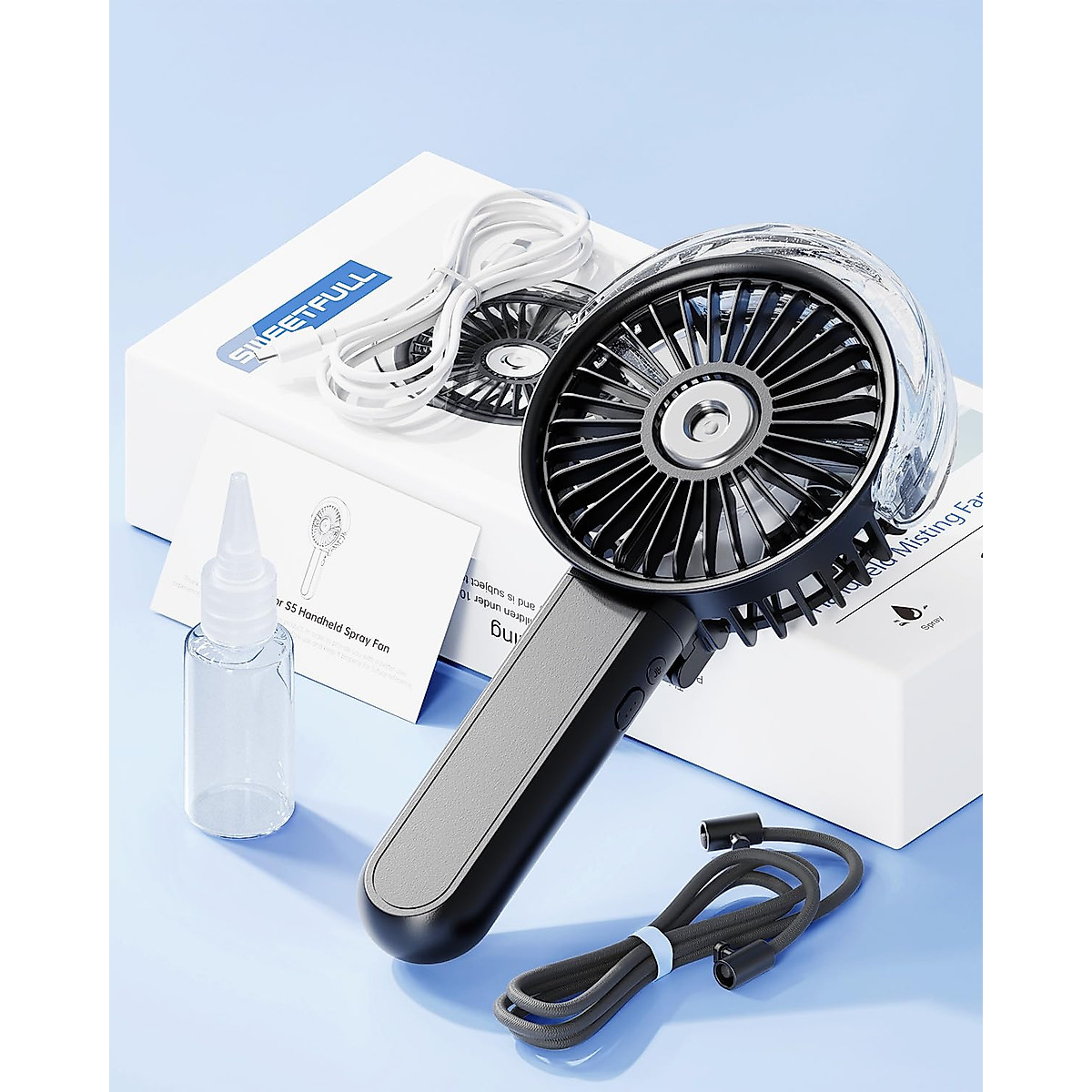 SWEETFULL Portable Misting Fan - 180° Foldable Handheld Personal Fan with Mist Spray, 3 Speeds, 30ml Water Tank, USB Rechargeable for Travel, Outdoors, Makeup, Camping, Home, and Office Use