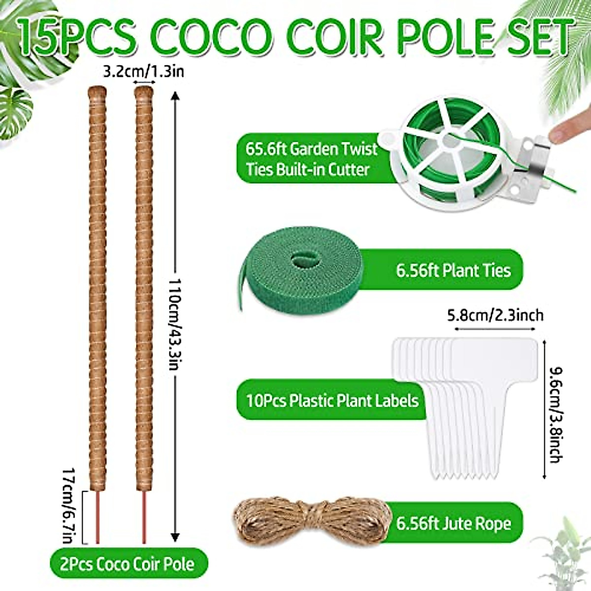 ROADPLUM 2 Pack 43.3" Moss Pole Coco Coir Poles, Bendable Plant Stakes Moss Pole for Plant Monstera with Twist Ties Plant Ties Labels Jute Rope, Plant Sticks Support for Climbing Plants Growth Indoor