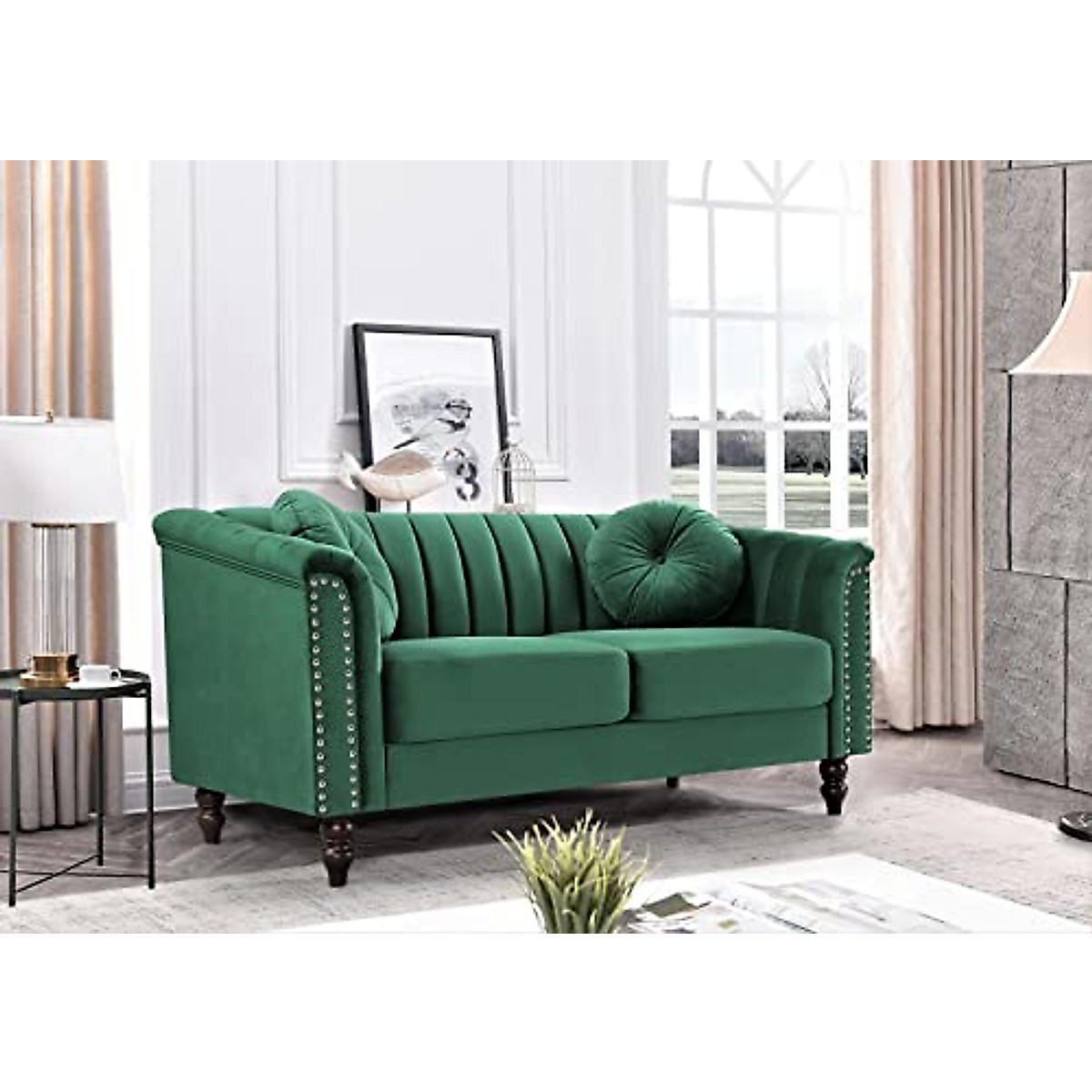 Container Furniture Direct Tufted Velvet Sofa with Removable Cushions and Turned Wood Legs, Elegant Living Room Furniture for The Modern Home, 61.4 Inch Loveseat, Green