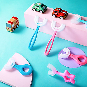 6 Pieces Kids U Shaped Toothbrush Kids Toothbrush Soft Silicone Kid Toothbrush Manual Toddler Toothbrush Whole Mouth Toothbrush U Type Toothbrush with Handle for Children 2-6 Years Old, Pink, Blue