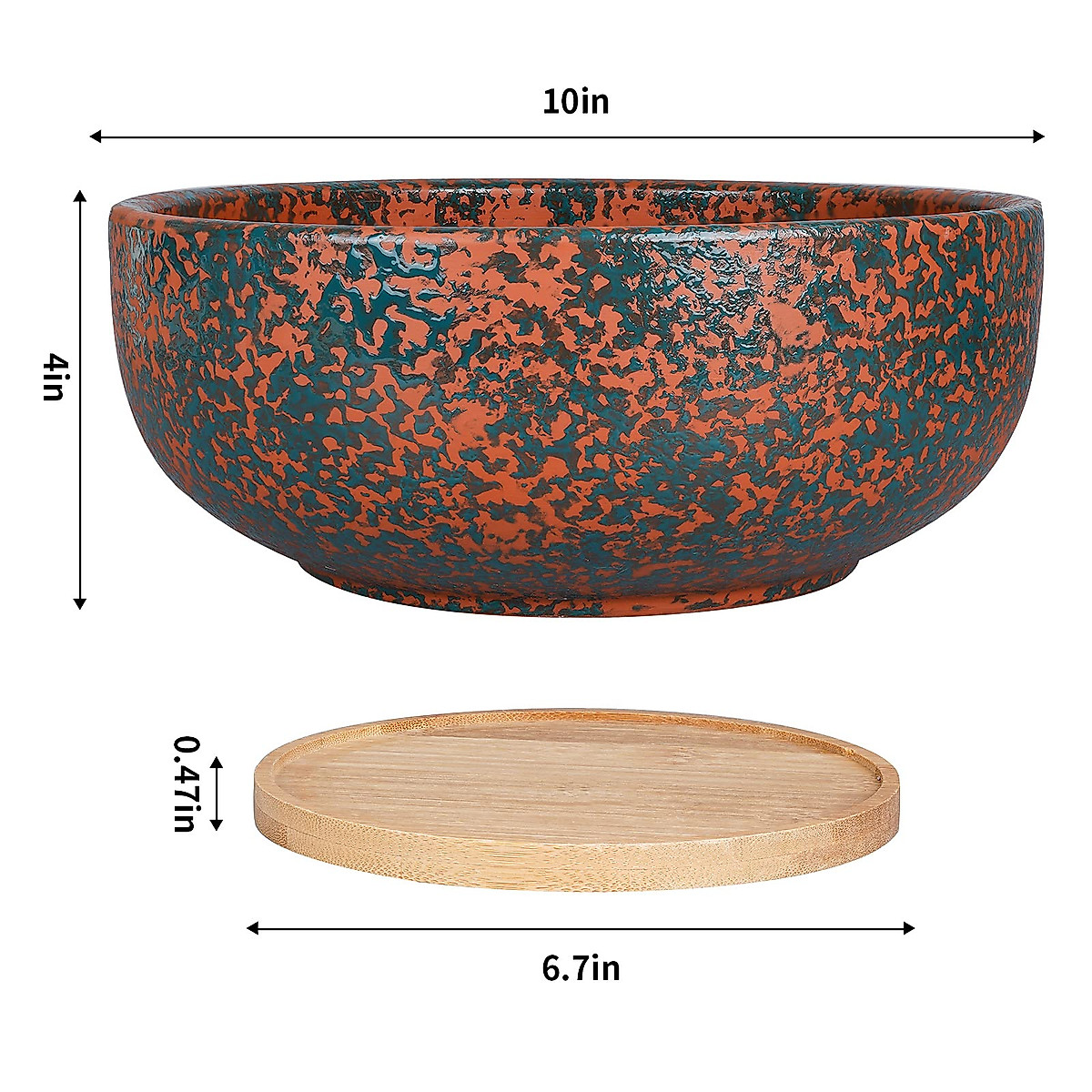 Fivepot 10 Inch Large Terracotta Planter Succulent Plant Bowl Deep Flower Pot Indoor and Outdoor Decor Drainage Bamboo Tray
