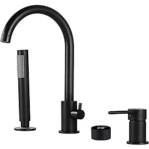 Bath rim fitting with hand shower, 4-hole bath rim fitting, 4-hole bath mixer fitting for the bathtubs, bath fitting with pull-out hand shower (Color : Black, Size : 4-Loch)