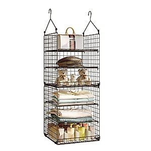 Yuyetuyo 6 Tier Hanging Closet Organizer Foldable Hanging Clothes Shelves with Adjustable Dividers, Closet Shelf Organizer for Clothing Sweaters Socks Dolls Handbags, Separable, Black