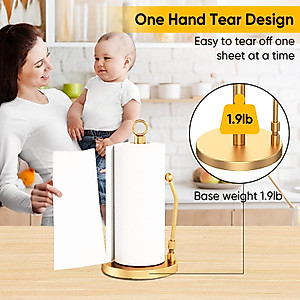 Paper Towel Holder Stainless Steel - One Hand Tear Paper Towel Dispenser Standing Weighted Base Non Slip, Spring Arm, Stainless Steel Paper Towel fits in Kitchen Bathroom Countertop (Gold)