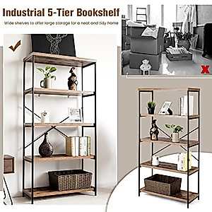Tangkula 5-Tier Bookcase, Rustic Industrial Bookshelf, Décor Accent Display for Home, Office, Living Room, Bedroom, Wood Shelves w/Metal X-Shaped Frame, Display Bookshelf (Brown)