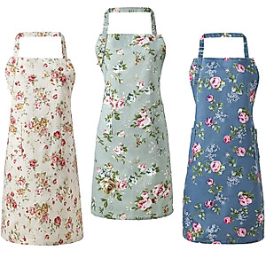 Geyoga 3 Pack Floral Aprons with Pocket for Women Adjustable Waist Kitchen Apron with Neck Strap Vintage Cute Aprons for Cooking Baking Gardening