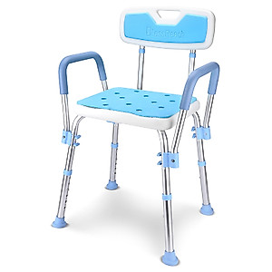 BlessReach Easily Assembled Portable Shower Chair Seat, Adjustable Shower Bench with Arms, Shower Lift Chair with Storage Bags.