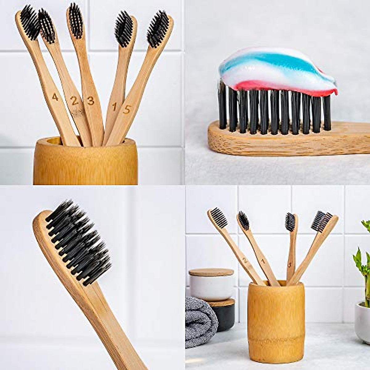 BlauKe Bamboo Toothbrushes Medium Bristles 5-Pack – Biodegradable, Sustainable, Natural, Eco Friendly – Black Charcoal Wooden Toothbrush Set