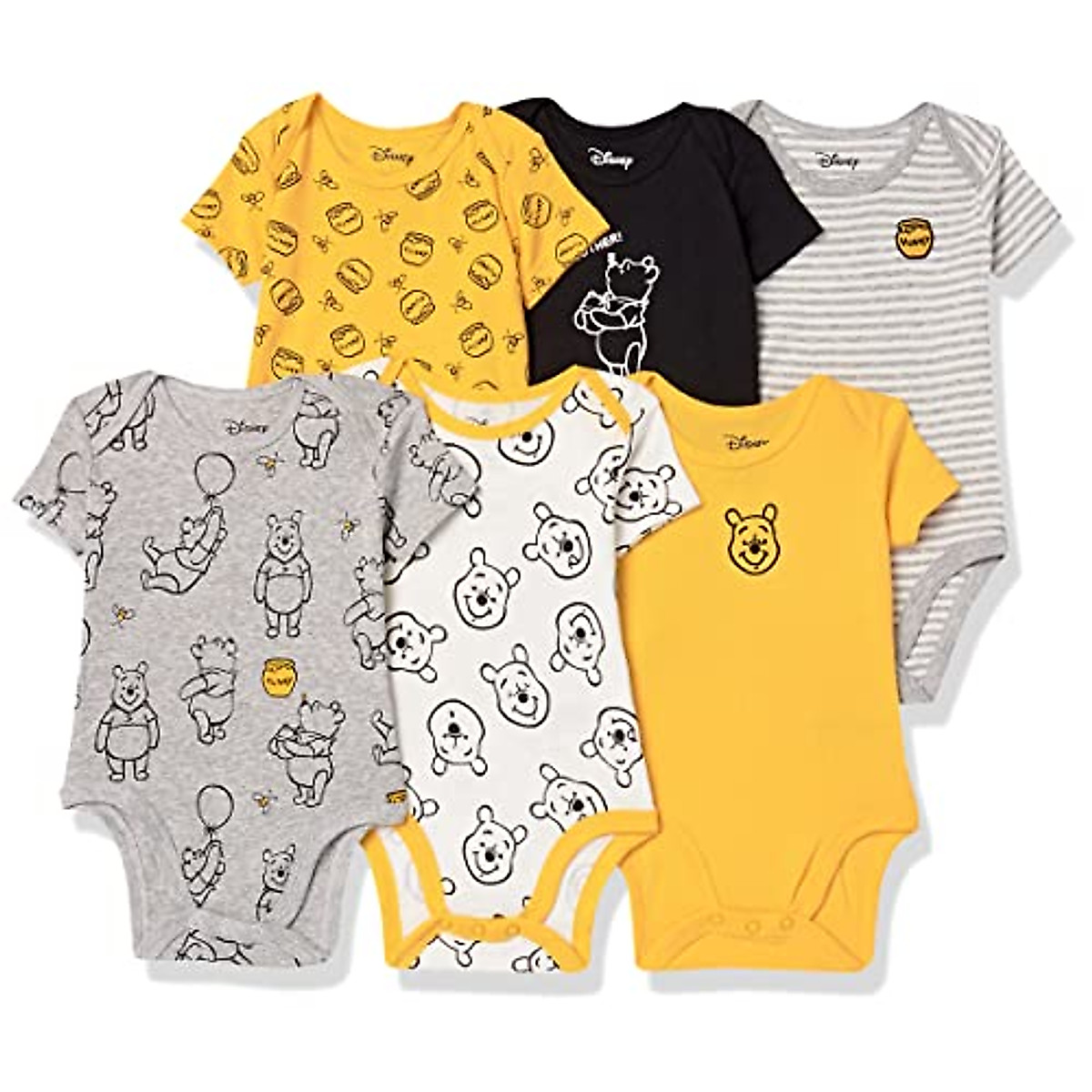 Amazon Essentials Disney | Marvel | Star Wars Unisex Babies' Short-Sleeve Bodysuits, Pack of 6, Winnie the Pooh Oh Bother!, 12 Months