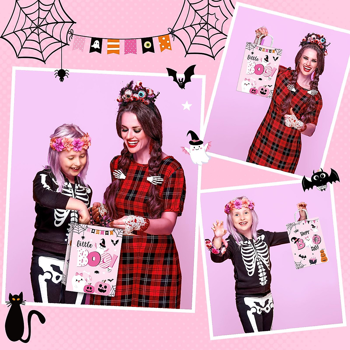 Yeaqee 30 Pcs Pink Halloween Bags Little Boo Bags Kraft Paper 30 Pcs Tissue Paper Goody Present Bags for Halloween Party Kids Theme Birthday Baby Shower Party Favors, 8.6 x 6.3 x 3.15 Inch