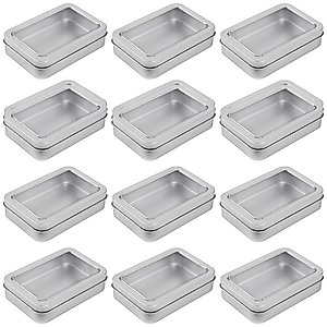 Framendino, 12 Pack Metal Rectangular Storage Organizer Tins with Clear Window Hinged Lids Silver