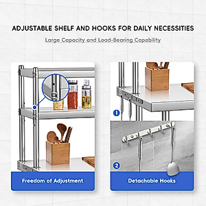 36 x 24 Inches Stainless Steel Work Table with Overshelves, NSF Heavy Duty Commercial Food Prep Worktable with Adjustable Shelf & Hooks for Kitchen Prep Work