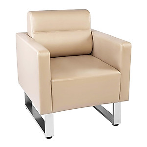 Dporticus Office Guest Reception Chair, Leather Waiting Room Chair with Arms and Soft Cushion, Modern Heavy Duty Lobby Sofa Chair with Stainless Steel Frame Hold Up to 400LBS (Beige)
