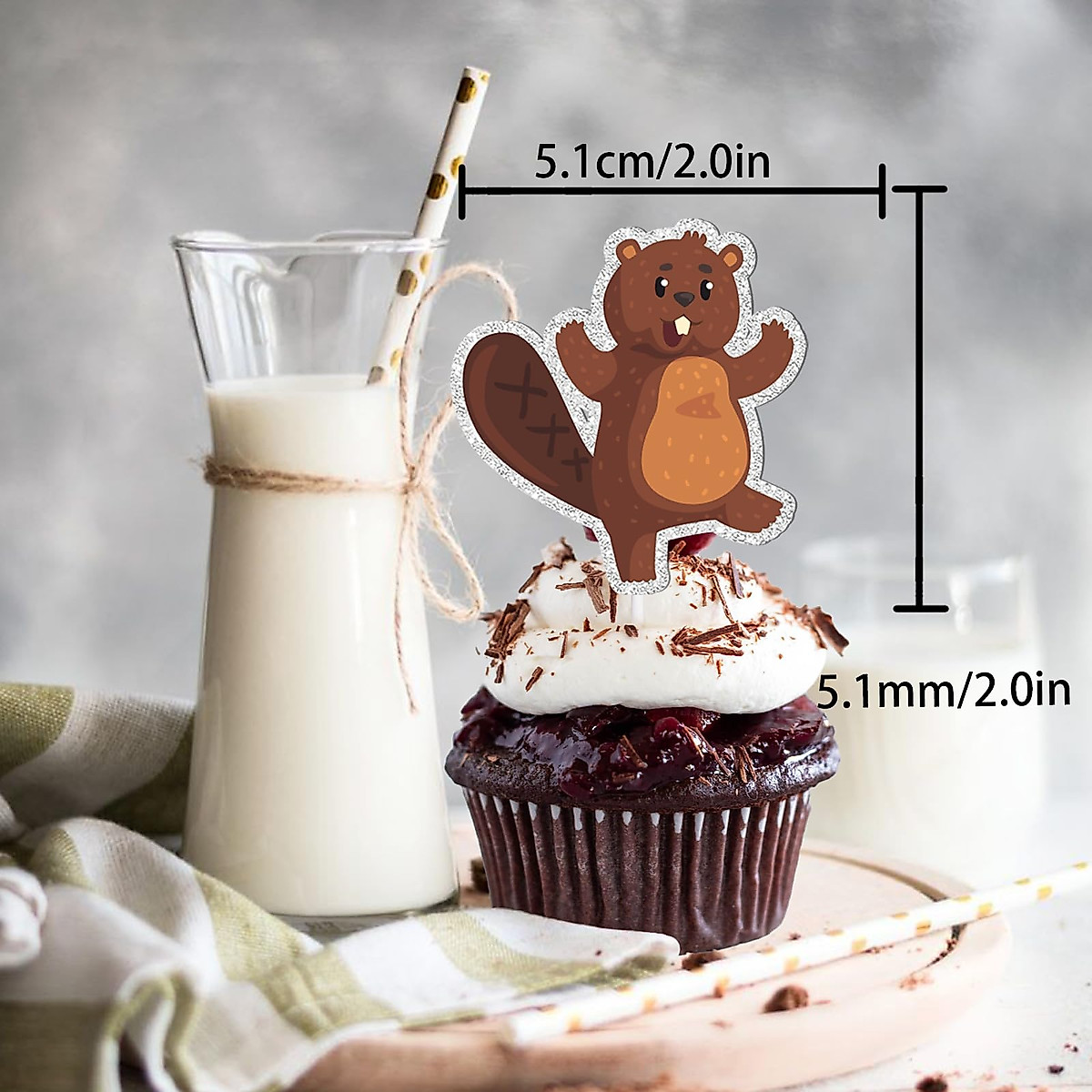 18pcs Brown Glitter Cartoon Beaver Dessert Cupcake Topper Baby Shower Theme Decor Supplies Boys Girls Happy Birthday Party Decorations