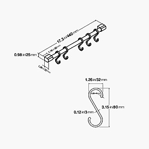 KAIYING Kitchen Utensil Rack with Removable S Hooks for Hanging Pots and Pans, Rod Hooks for Mugs, Wall Mounted Kitchen Rail Organizer, Aluminum,(Black-5 Hooks) (Anodized Black, 10 Hooks)