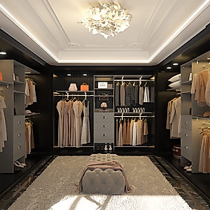 Armocity 96 Inches Closet System, 8FT Walk In Closet Organizer with 3 Shelving Towers, Heavy Duty Clothes Rack with 3 Drawers, Built-In Garment Rack, 96" L x 16" W x 75" H, Max Load 1000 LBS, Grey