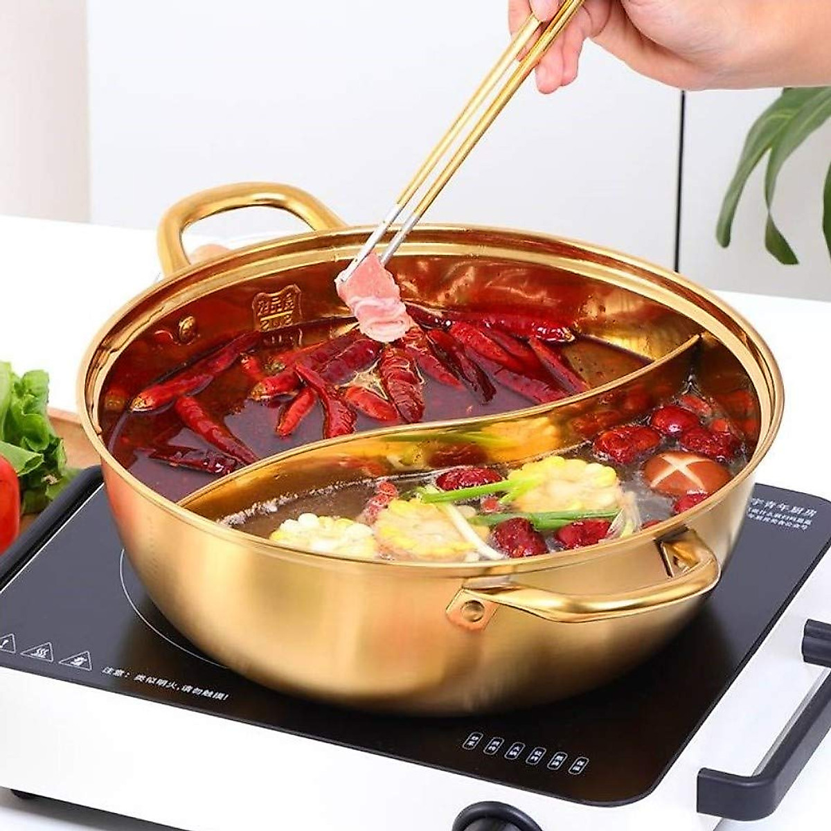 Color ME! 12 Inch 18/8 Stainless Steel Shabu Shabu Hot Pot with Divider Color Me Chinese Induction Shabu Shabu Pot with Glass Lid Dual Sided Stockpots (Gold)