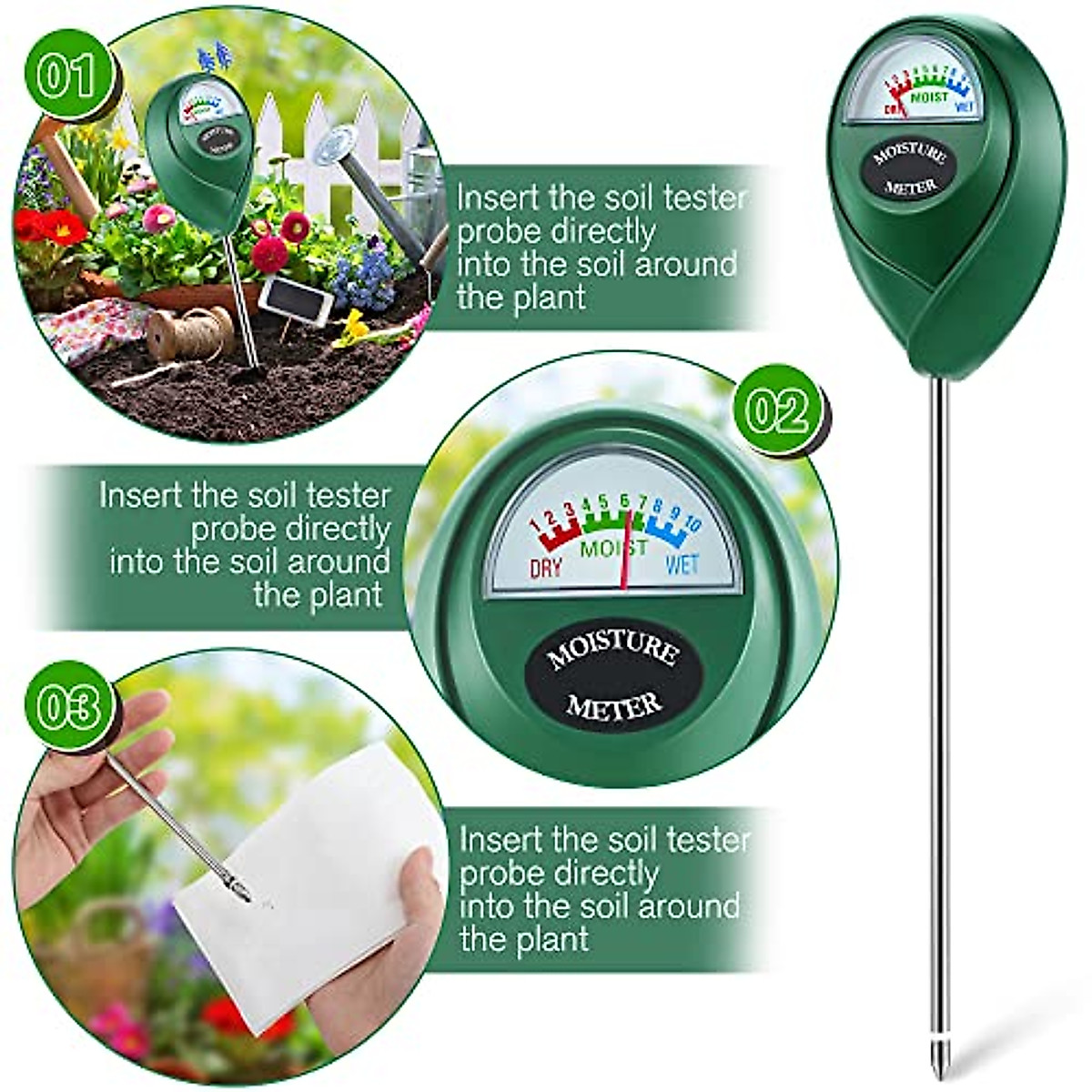 4 Packs Soil Moisture Sensor Meter Set, Outdoor Soil Meter for Plant Test, Water Monitor Indicator for Indoor Gardening, Soil Pot Plants Humidity Tester Kit for Yard, Lawn, Farm, No Batteries Required