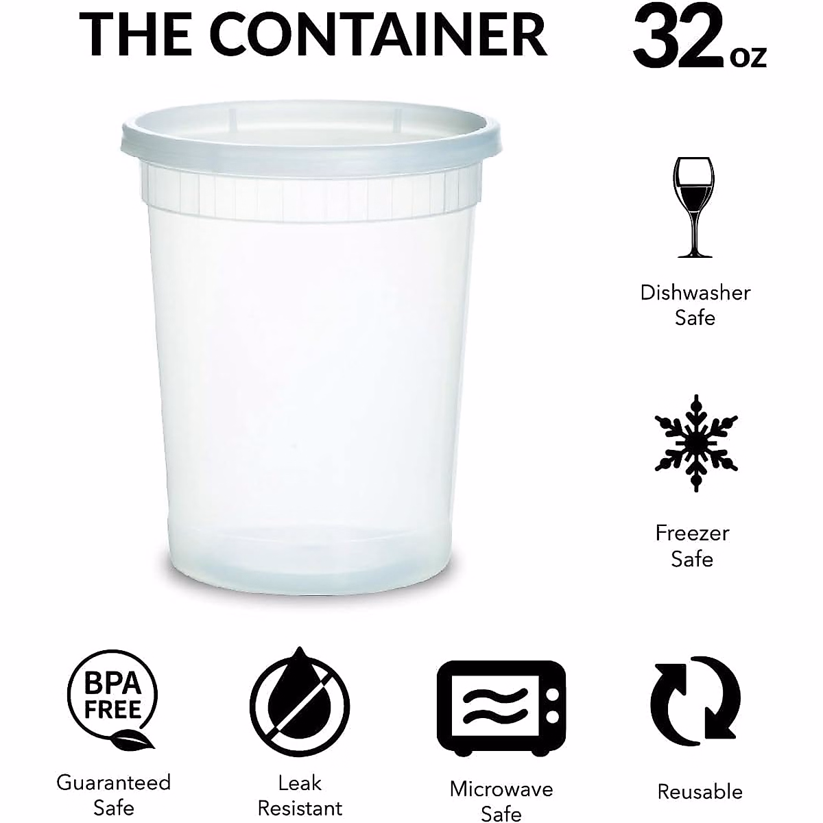 THE CONTAINER 32oz deli containers with lids | 24 Large 1 Quart Leakproof Clear Plastic Storage Containers with Lids | Microwavable, Freezer
