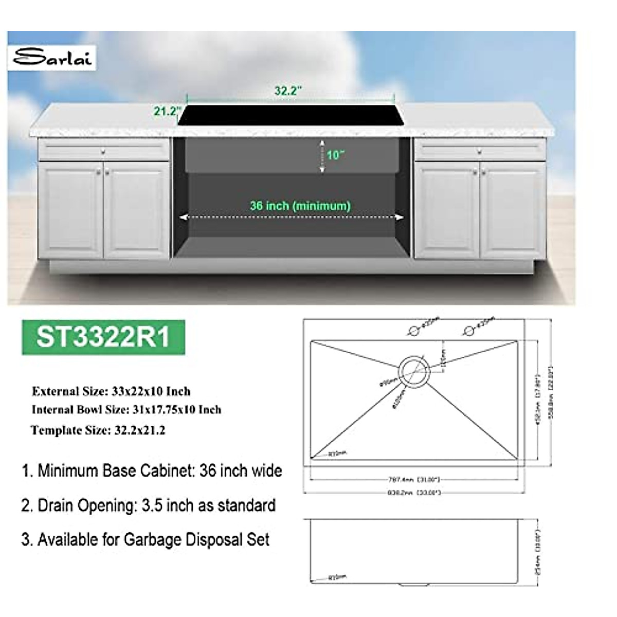 33 Kitchen Sink Drop In - Sarlai 33 x 22 Inch Kitchen Sink Topmount 16 Gauge Stainless Steel Deep Single Bowl Above Counter Kitchen Sinks Basin