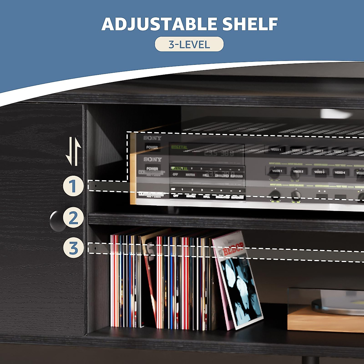 DUMOS TV Stand for 55 60 inch TV, Entertainment Center with Storage Cabinet, Mid Century Modern Media Console Table, Adjustable Hinge, Wooden Television Furniture for Living Room, Office - Black