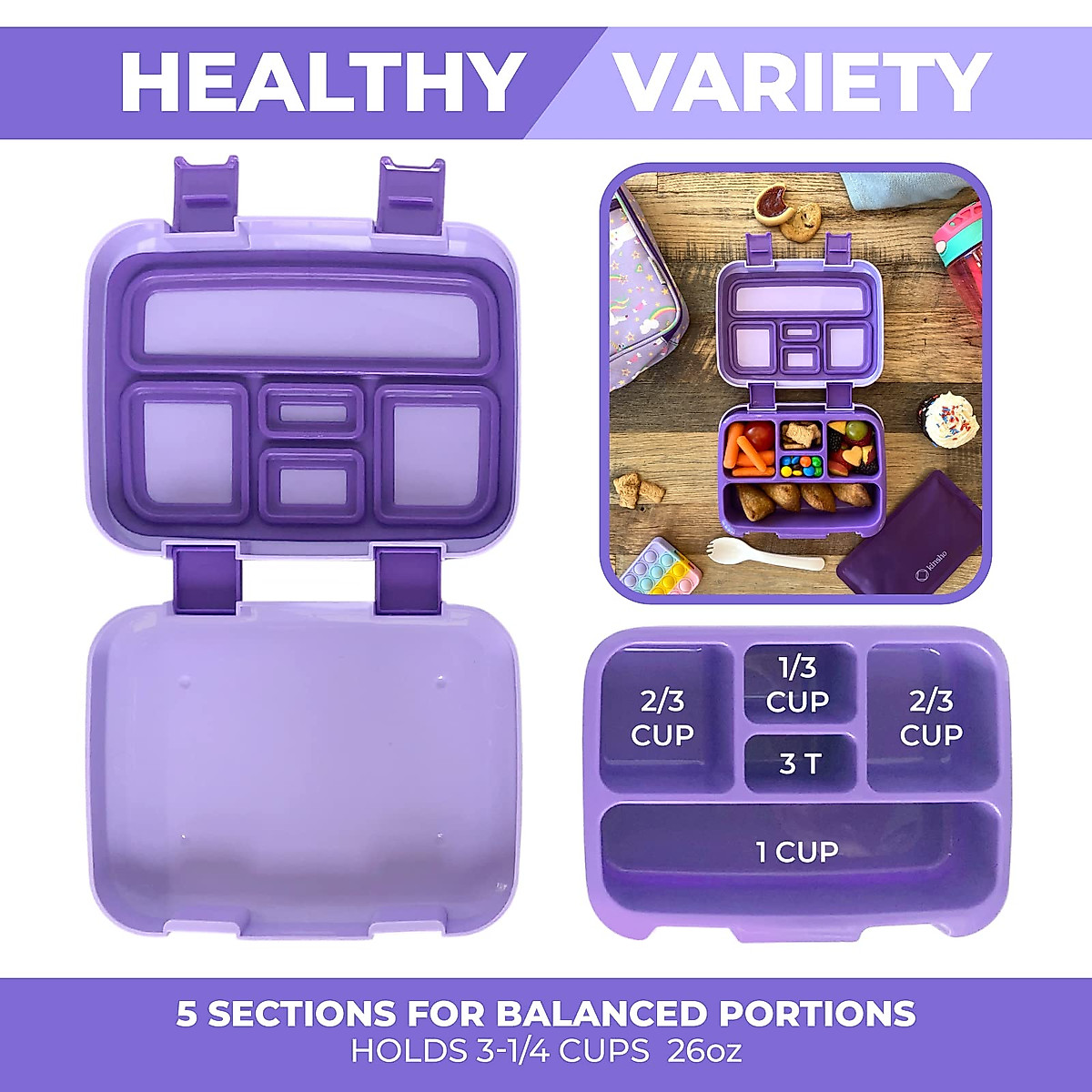 Bento Box with Insulated Lunch Bag, Ice Pack & Water Bottle Set for Kids - 5 Leakproof Compartments, Lunches or Snack Container Girls, Toddlers Daycare Pre-School, Kindergarten Purple Unicorn