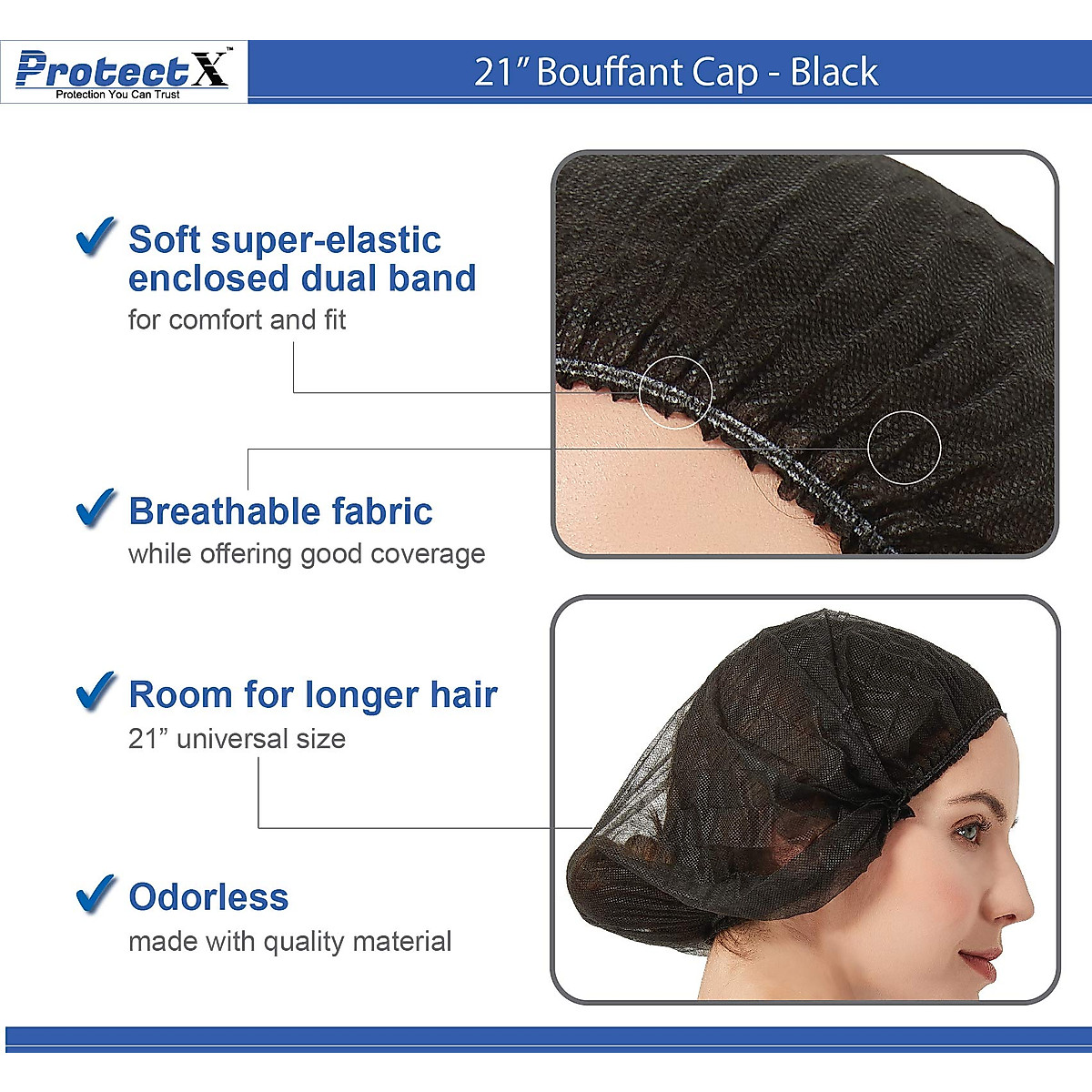 ProtectX 100-Pack Black Disposable Hair Nets, Elastic Head Cover, Bouffant Caps, Sanitation Head Cover for Food Service, Spa Men & Women - 21 inch