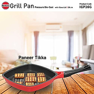Hawkins 26 cm Grill Pan, Non Stick Die Cast Grilling Pan with Glass Lid, Square Grill Pan for Gas Stove, Ceramic Coated Pan, Roast Pan, Red (IGP26G)