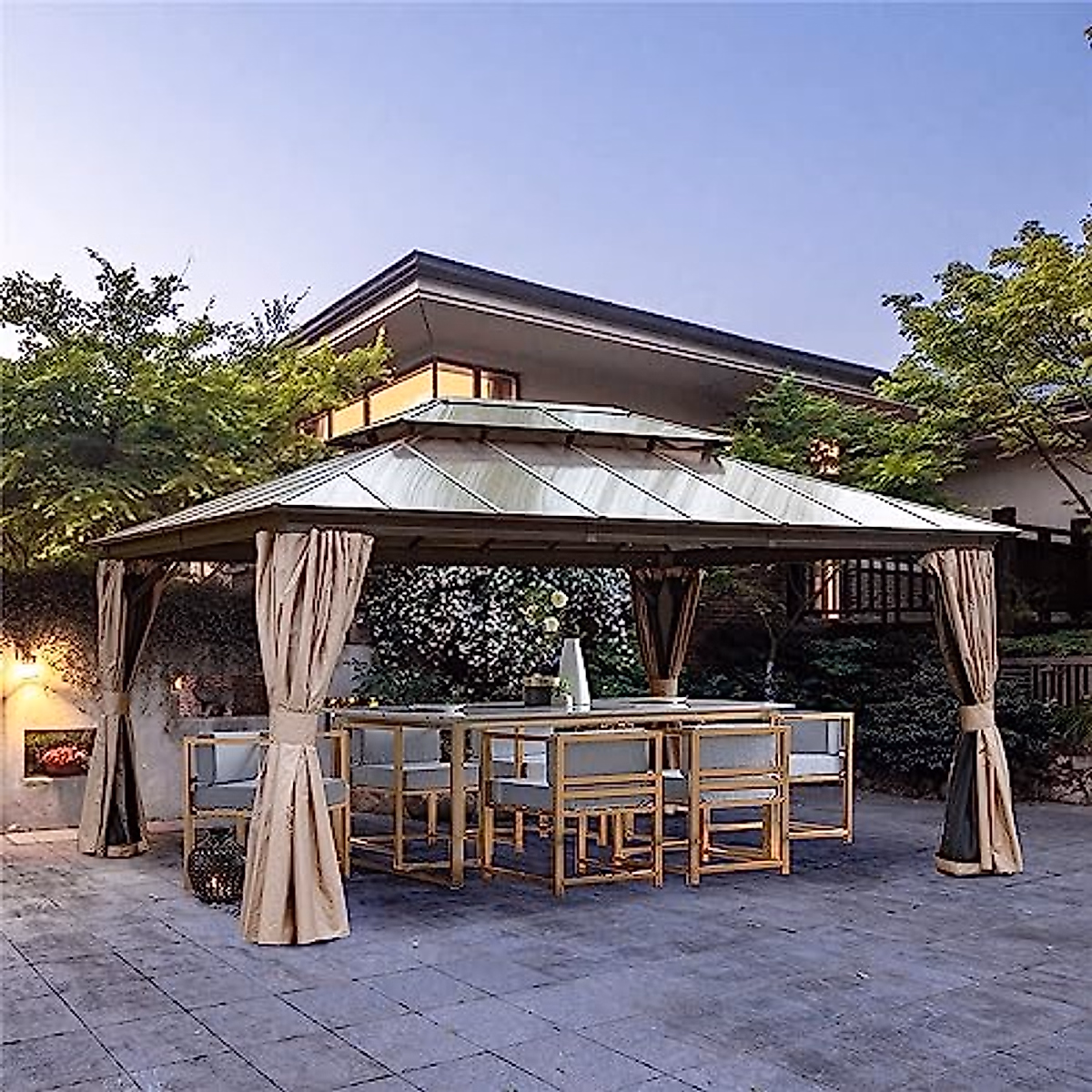 UBGO 12x16ft Outdoor Gazebo,Permanent Hardtop Gazebo with Curtain and Net,Aluminum Gazebo Pavilion with Polycarbonate Double Roof,for Garden, Patio, Lawns, Deck, Backyard, Wood Looking-Brown