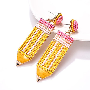 Teacher Earrings Beaded Pencil Earrings for Women Handmade Beaded Dangle Drop Earrings Back To School Teacher Appreciation Gift (Yellow)