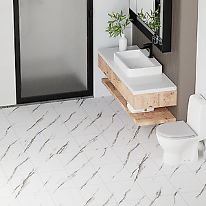 Oxdigi Vinyl Floor Tiles Peel and Stick 23"x 393"/64 Sq.Ft, Thicken Self Adhesive Vinyl Flooring Roll Marble Pattern Waterproof DIY Floor Coverings for Bathroom Living Room Kitchen, White Marble