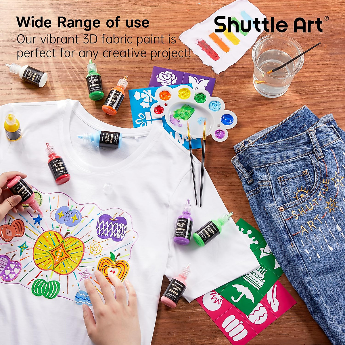 Shuttle Art Fabric Paint Set, 45 Colors 3D Permanent Paint with Brushes Palette Fabric Pen Fabric Sheet Stencils, Glow in The Dark, Glitter,Metallic Colors for Textile Fabric T-Shirt Jeans Glass