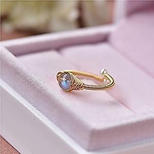 Retro Natural Crystal Stone Inlay Ring, Vintage Wire Wrap Real Carnelian Crystal Ring, Glittering Natural Moonstone Ring for Women Girls Vintage Victorian Style Healing Crystal 14K Gold Jewelry-moon