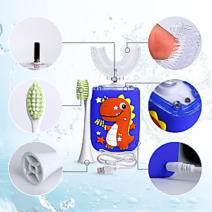 JAKABRO U-Shaped Dinosaur Kids Toothbrush with Case | IPX7 Waterproof Toddler Electric Ultrasonic Autobrush Mouthpiece | Six Advanced Cleaning Modes, Rechargeable Long-Lasting Battery.(Ages 2-12)