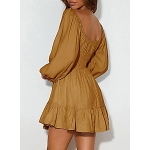 Dokotoo Womens Square Neck Sexy Dresses Long Lantern Sleeve Ruffle A-Line Brown Dresses for Women Smocked Tie Bow Elastic Waist Short Mini Dresses Large