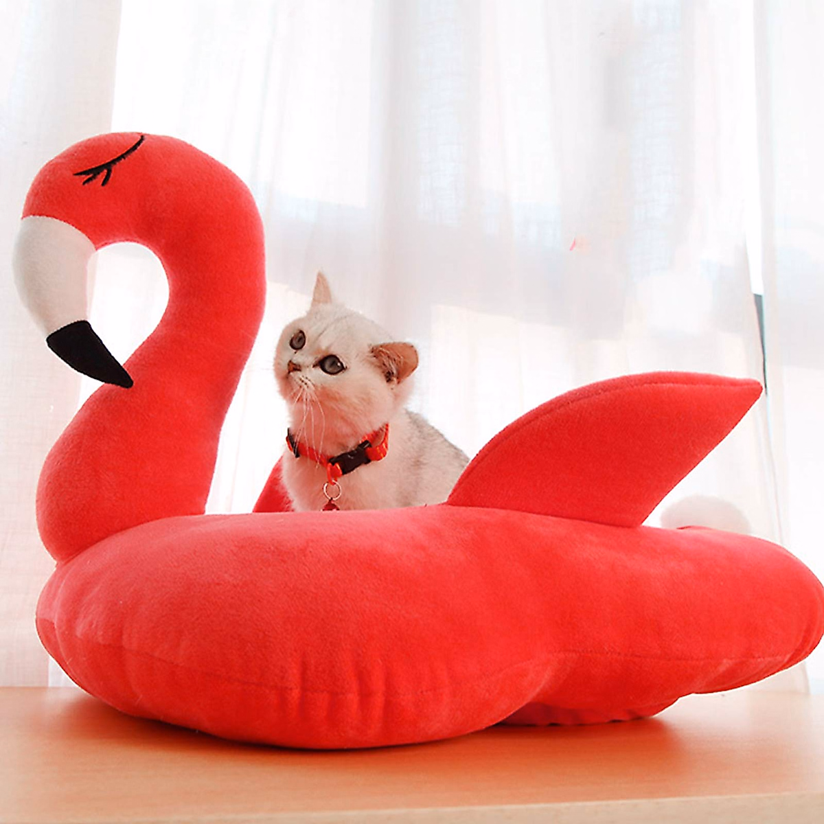 PJDDP Flamingo Plush Pet Bed for Small Cats and Dogs, Red, L