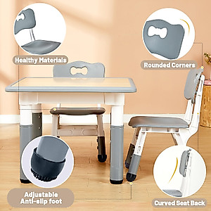 FUNLIO Kids Table and 2 Chairs Set for Ages 3-8, Height Adjustable Toddler Table and Chair Set, Easy to Wipe Arts & Crafts Table, for Classrooms/Daycares/Homes, CPC & CE Approved (3pcs Set) – Grey